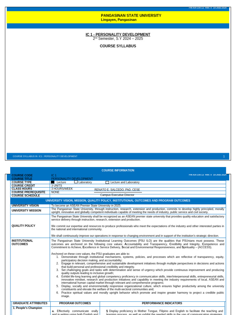 IC 1 Syllabus Personality Development 2023 | PDF | Communication | Philippines