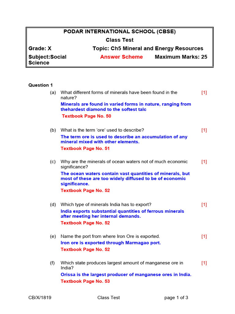 AS - CBSE - X - SS - Ch5 Mineral and Energy Resources - Class Test ...