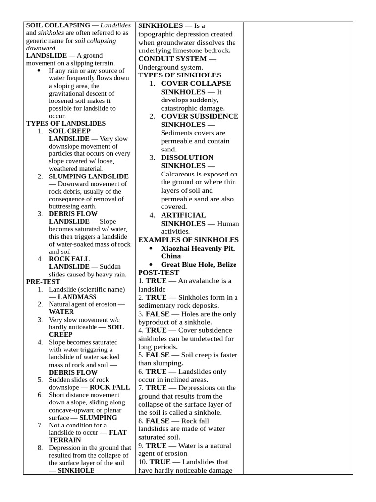 DRRR Reviewer 4th Quarter | PDF | Landslide | Sinkhole