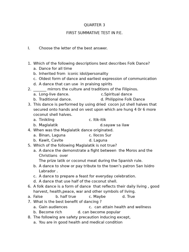 Philippine Folk Dance Test Questions | PDF | Dances | Philippines