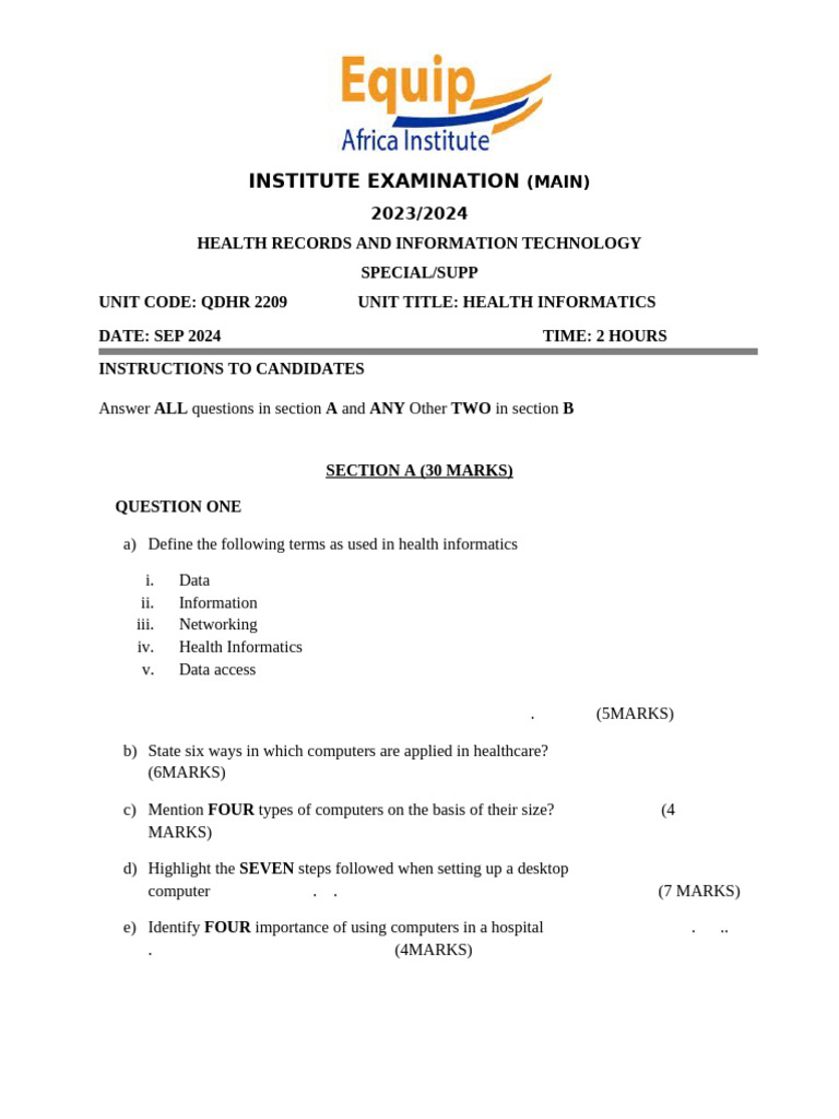 Health Informatics Exam Questions 2024 | PDF