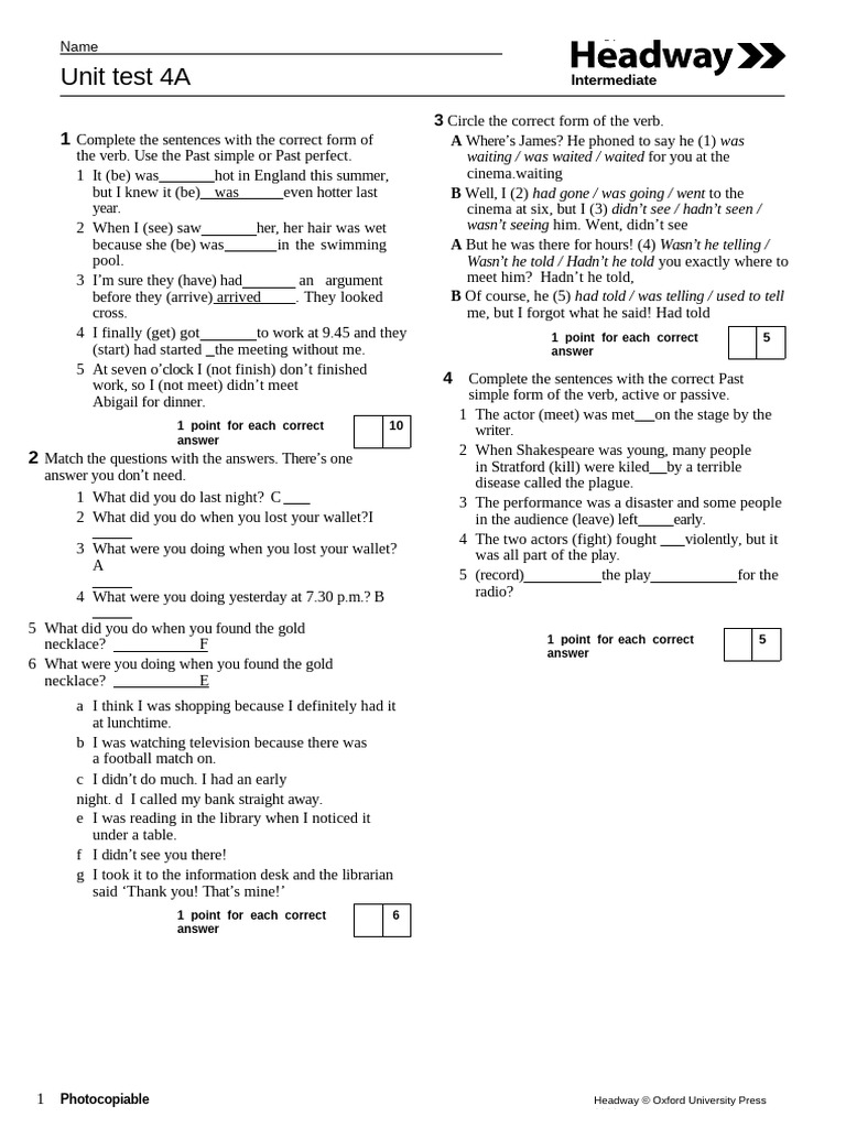 Intermediate English Unit Test 4A | PDF | F. Scott Fitzgerald | Zelda ...