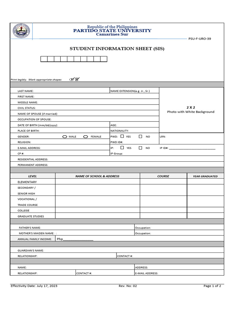 (PSU-F-URO-39) Student Information Sheet (SIS) | PDF