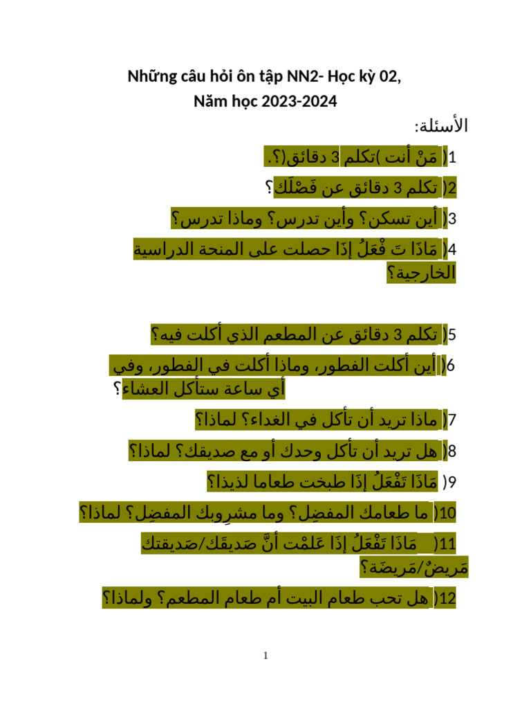 Những câu hỏi Ôn tập- Arab NN2 (23-24) | PDF