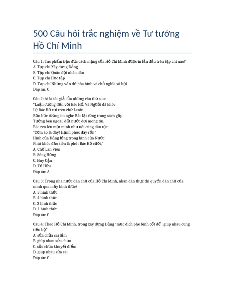 500 Cau Hoi Trac Nghiem Tu Tuong Ho Chi Minh | PDF