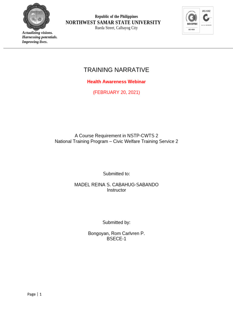 TRAINING NARRATIVE Format | PDF | Public Health | Diseases And Disorders