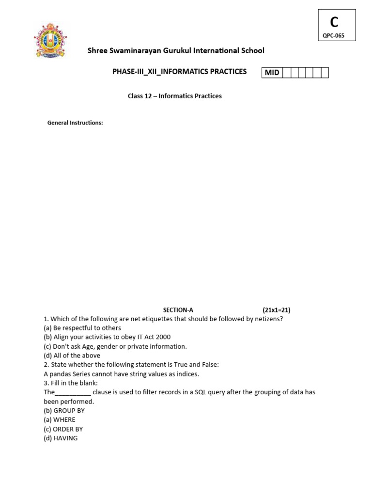 Phase 3 Xii Ip(24!12!2024) Set c | PDF | Table (Database) | Sql