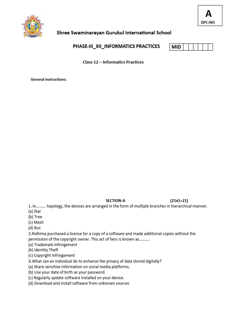 Phase 3 Xii Ip (24-12-2024) Set A | PDF | Computer Network | Databases