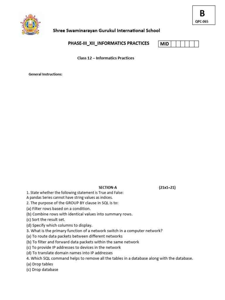 Phase 3 Xii Ip(24!12!2024) Set b | PDF | Table (Database) | Sql