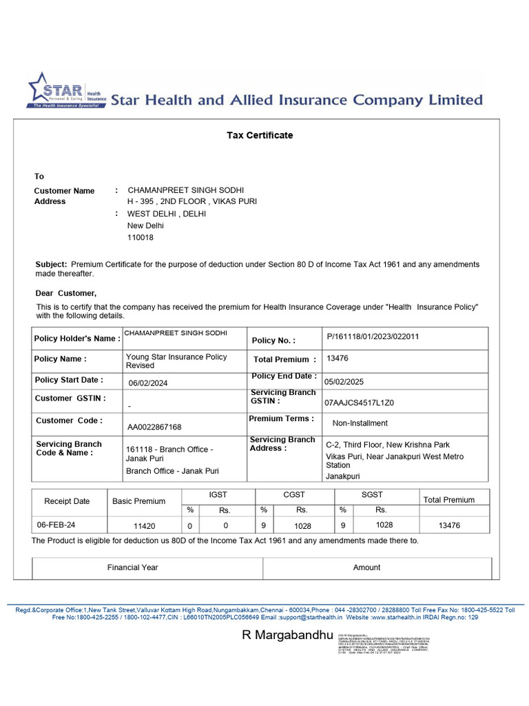 80D Certificate | PDF | Insurance | Public Finance