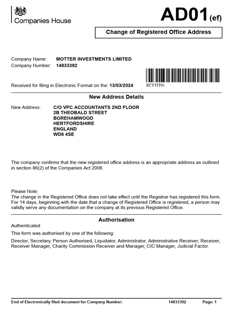 Change of Office: Motter Investments | PDF