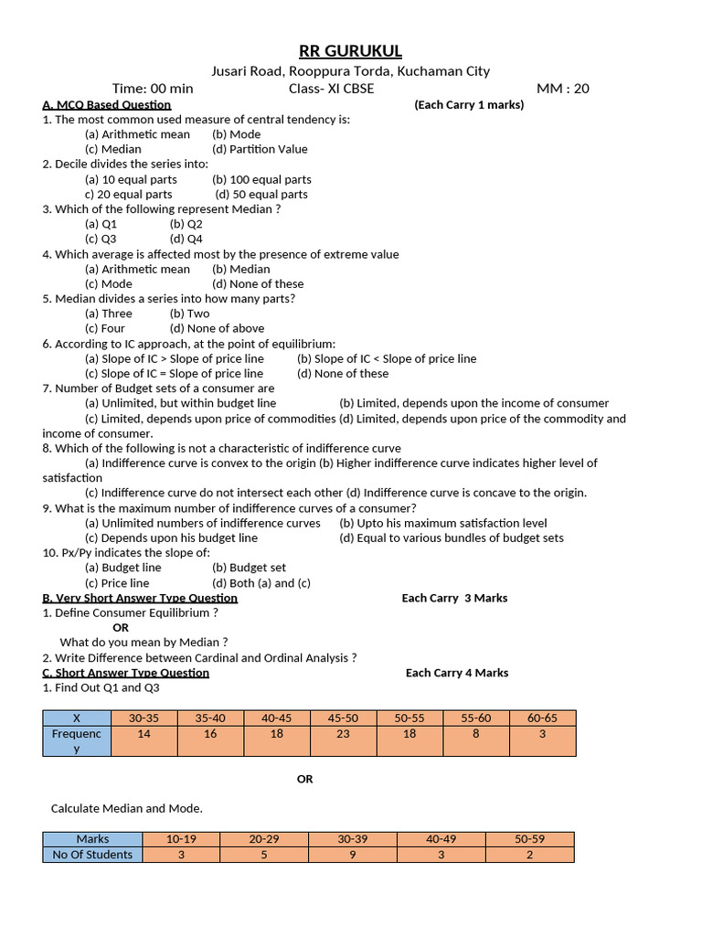 Class 11 Cbse 20 Marks | PDF | Mean | Elementary Mathematics