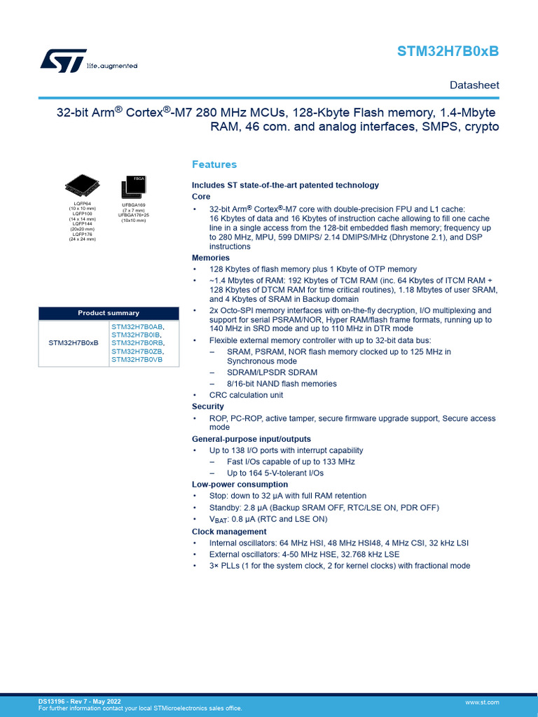 32-Bit Arm Cortex - M7 280 MHZ Mcus, 128-Kbyte Flash Memory, 1.4-Mbyte Ram, 46 Com. and Analog ...