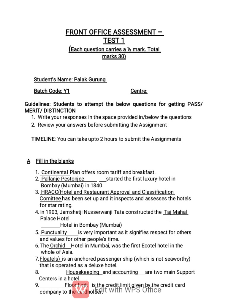 Front Office Assessment Test 1 | PDF | Hotel | Payments