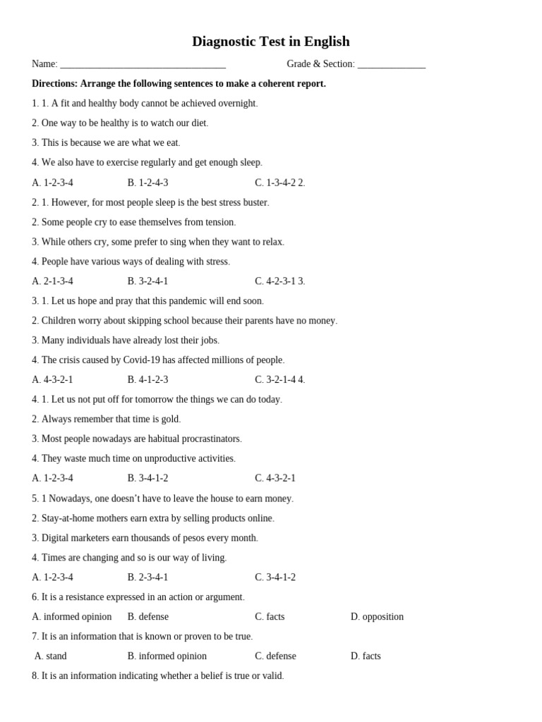 English Diagnostic Test Instructions | PDF | Opinion