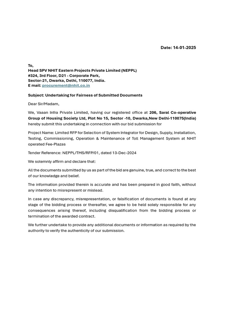 Undertaking for Bid Document Integrity | PDF