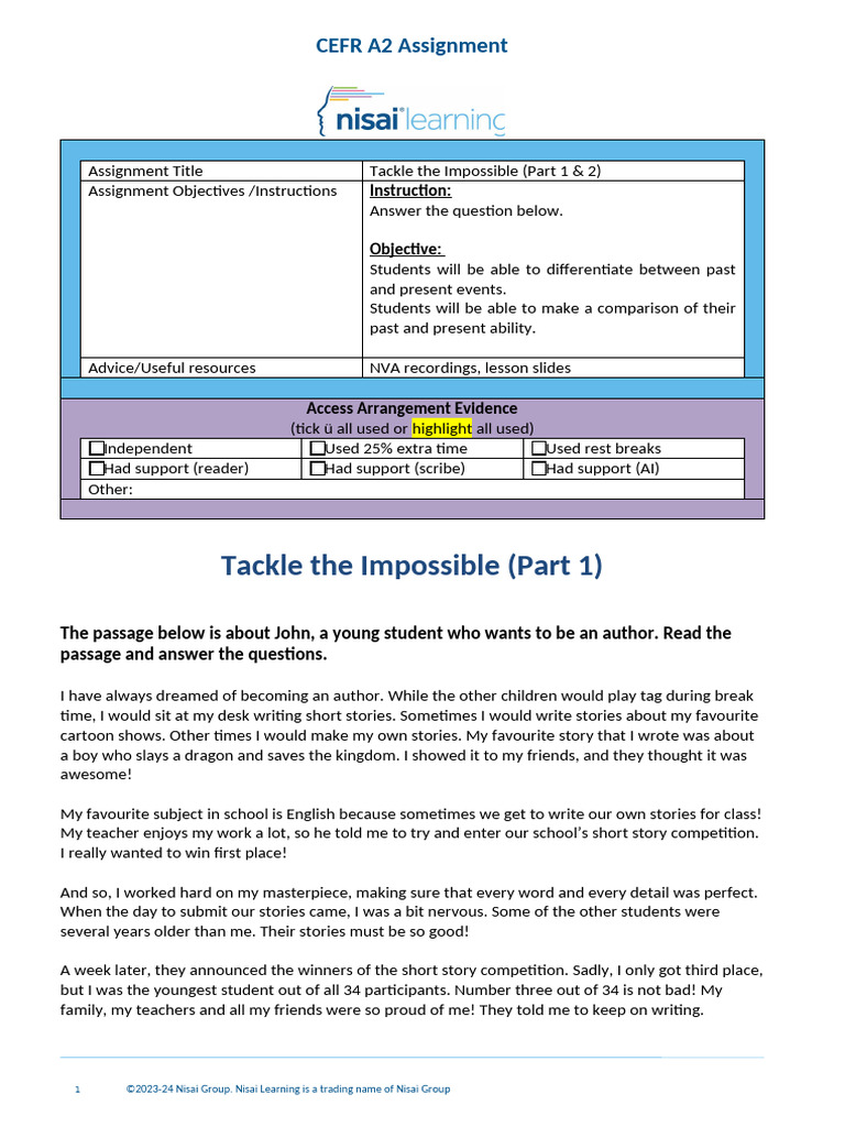 CEFR A2- Tackle the Impossible (Part 1 & 2) Assignment | PDF