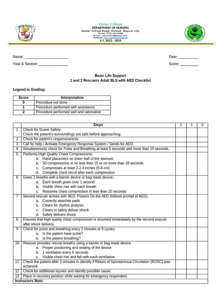 Checklist Bls Adult | PDF | Cardiopulmonary Resuscitation | Medicine