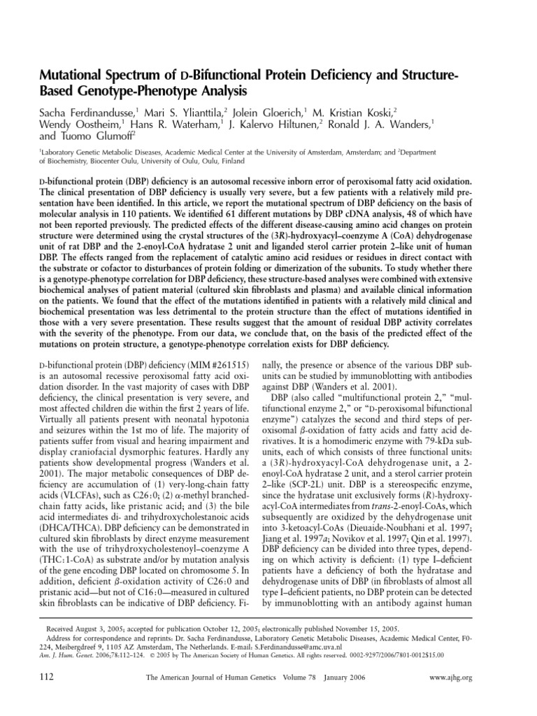Ferdinandusse Et Al. - 2006 - Mutational Spectrum of D-Bifunctional ...