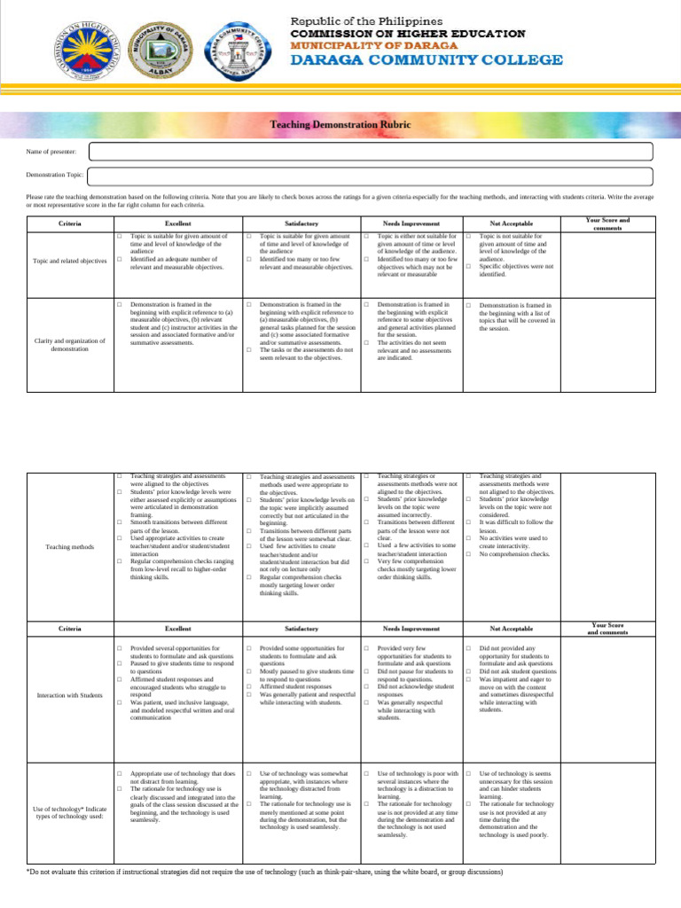 Teaching Demonstration Rubric | PDF | Reading Comprehension | Teachers