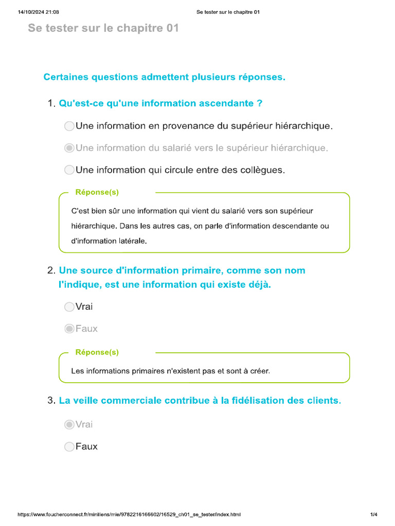 QUIZZ - Se Tester Sur Le Chapitre 01 - CORRECTION | PDF