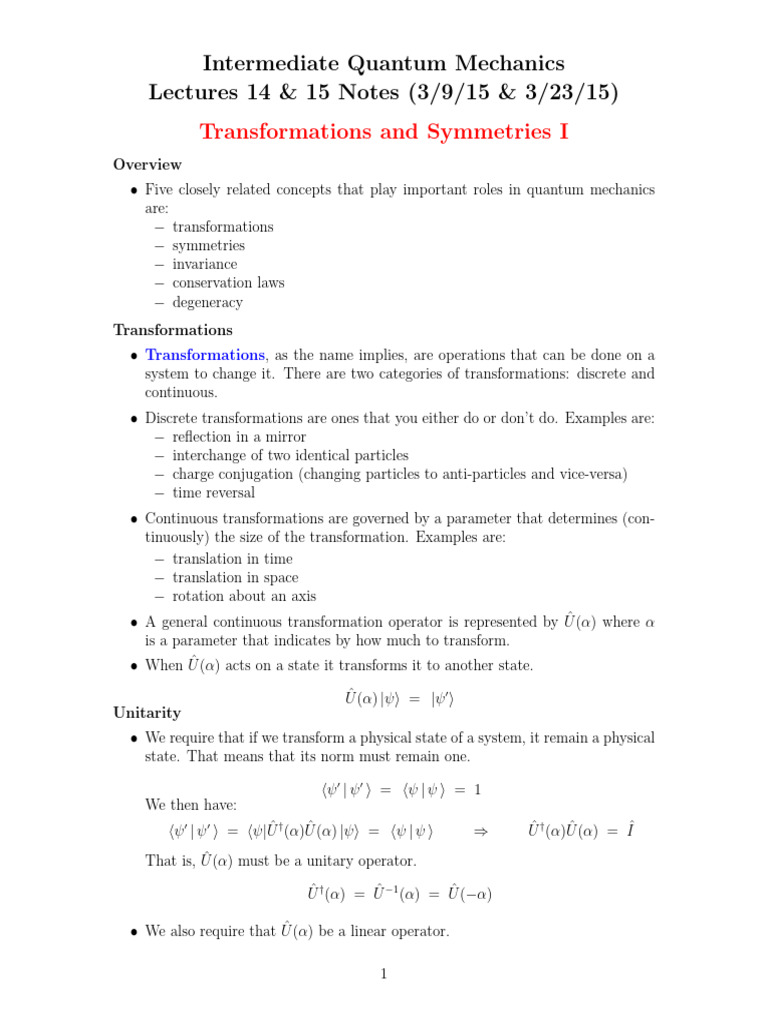 Lectures 14 15 Transformations and Symmetries | PDF | Hamiltonian (Quantum Mechanics ...