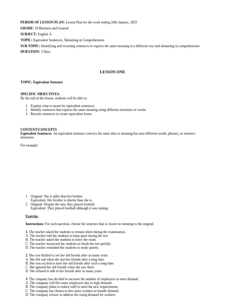 English Lesson Plan Week Ending 20th Jan, 2025 | PDF | Water | Speed ...