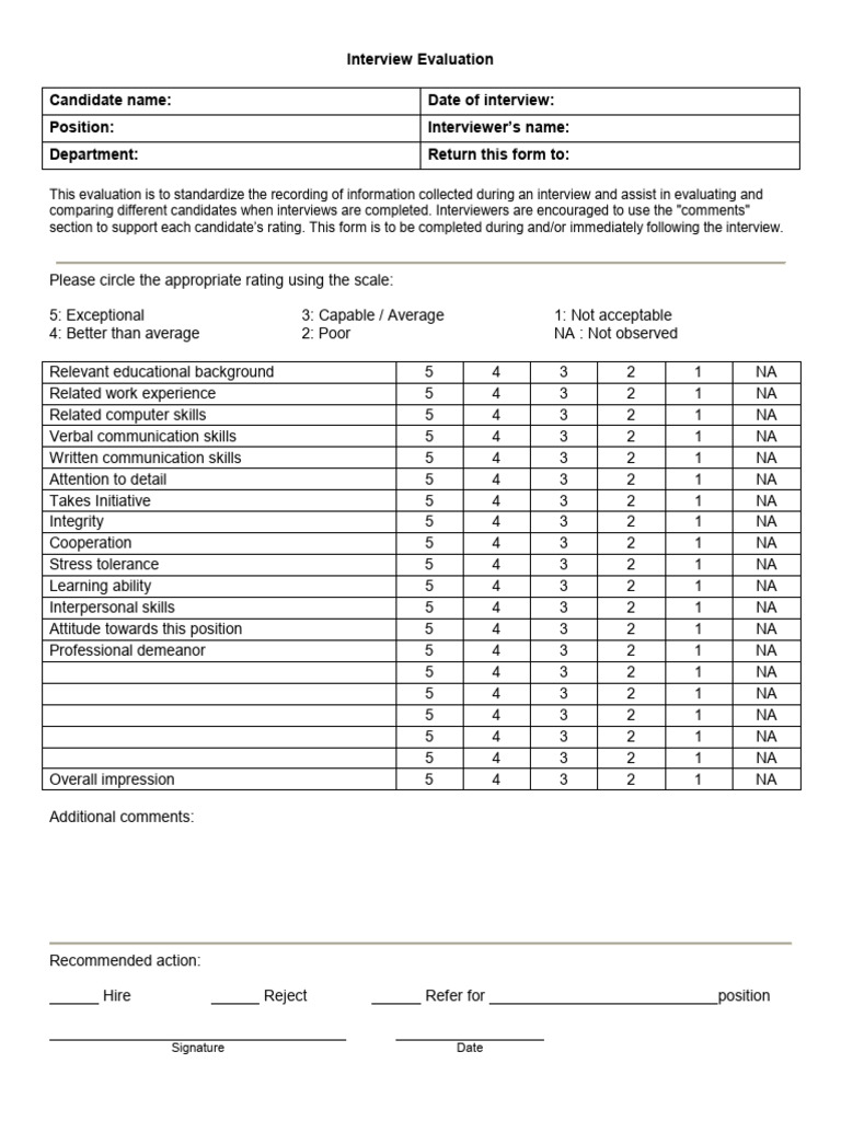 Sample Interview Evaluation Form | PDF | Communication | Behavioural ...