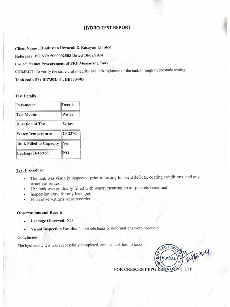 Hydro-test report (1) | PDF