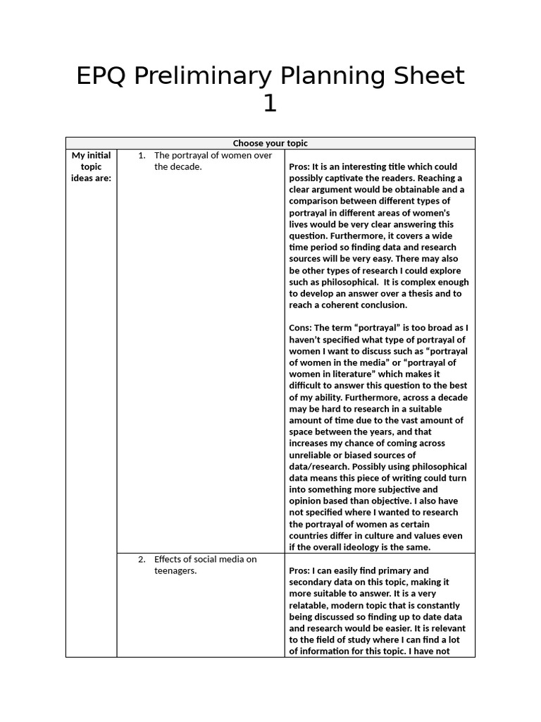 EPQ Preliminary Planning Sheet 1 | PDF