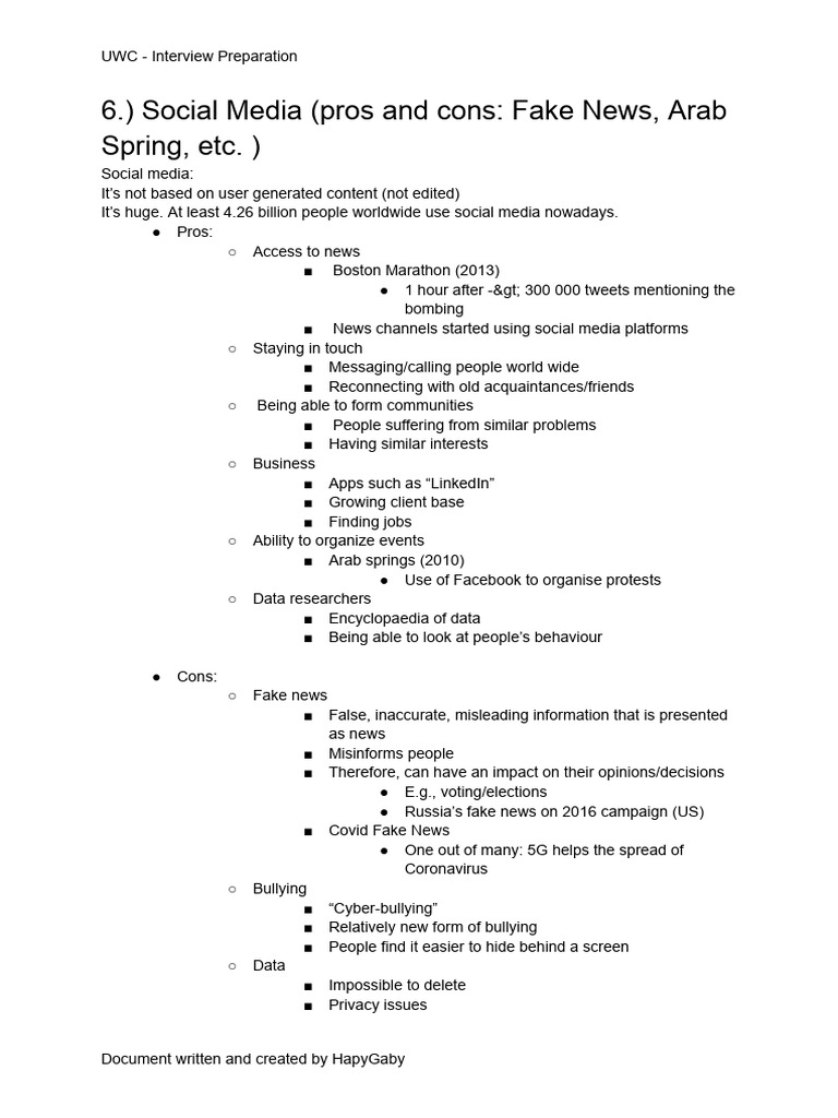 UWC - Interview Preparation - 6.) Social Media (Pros and Cons - Fake News, Arab Spring, Etc ...