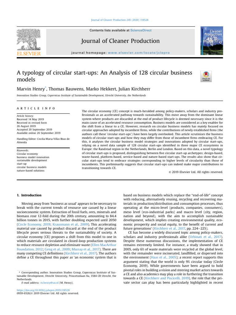 A Typology of Circular Start-Ups An Analysis of 128 Circular Business ...