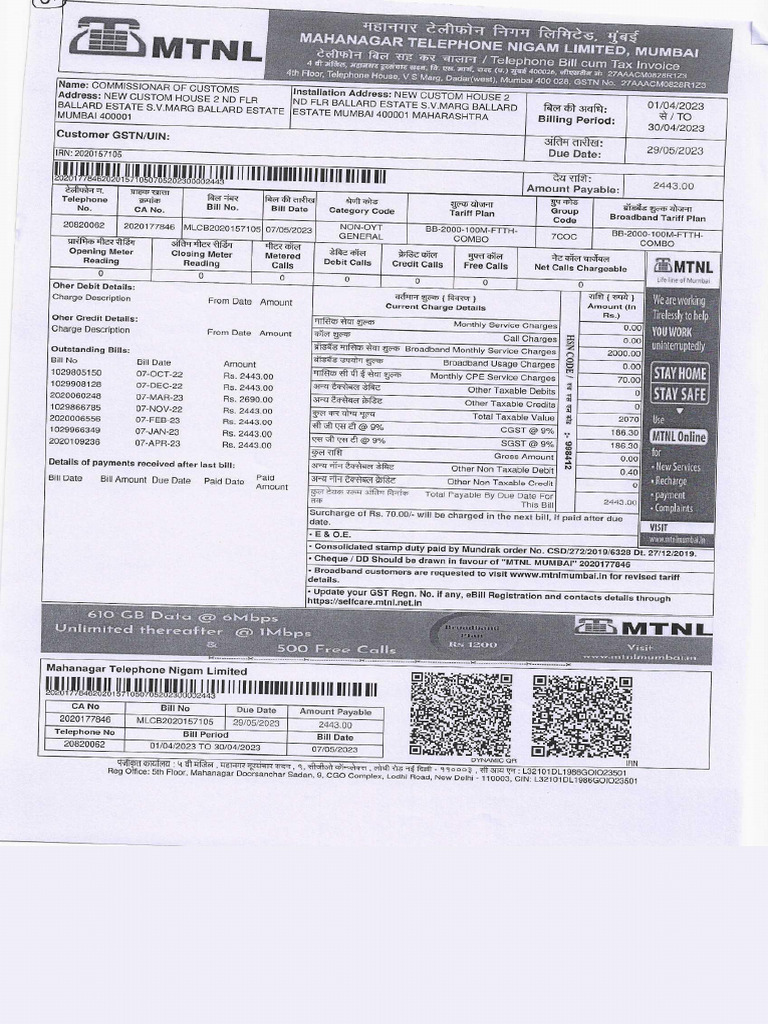 MTNL Bill For May | PDF