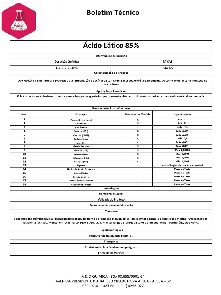 Ácido Lático 85%: Aplicações e Propriedades | PDF | Química ...