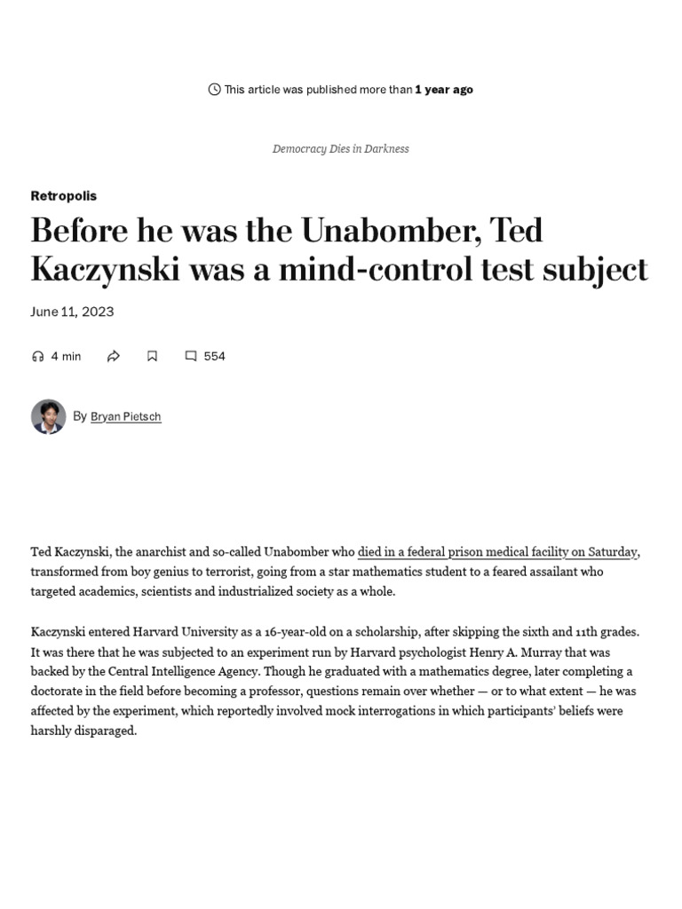 Death of Unabomber Returns Spotlight To Harvard Mind-Control Study ...