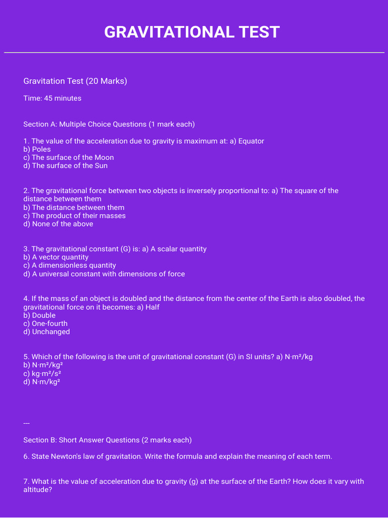 Gravitational Test Questions and Answers | PDF | Newton's Law Of ...