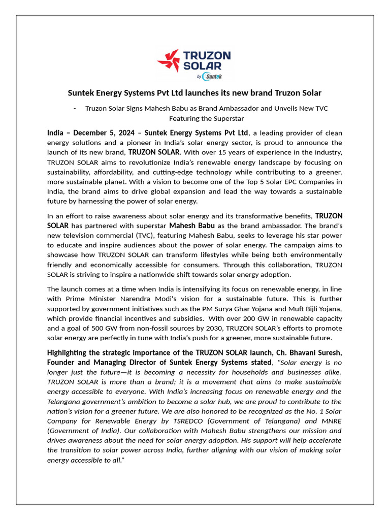 Truzon Solar Launches with Mahesh Babu | PDF | Renewable Energy ...