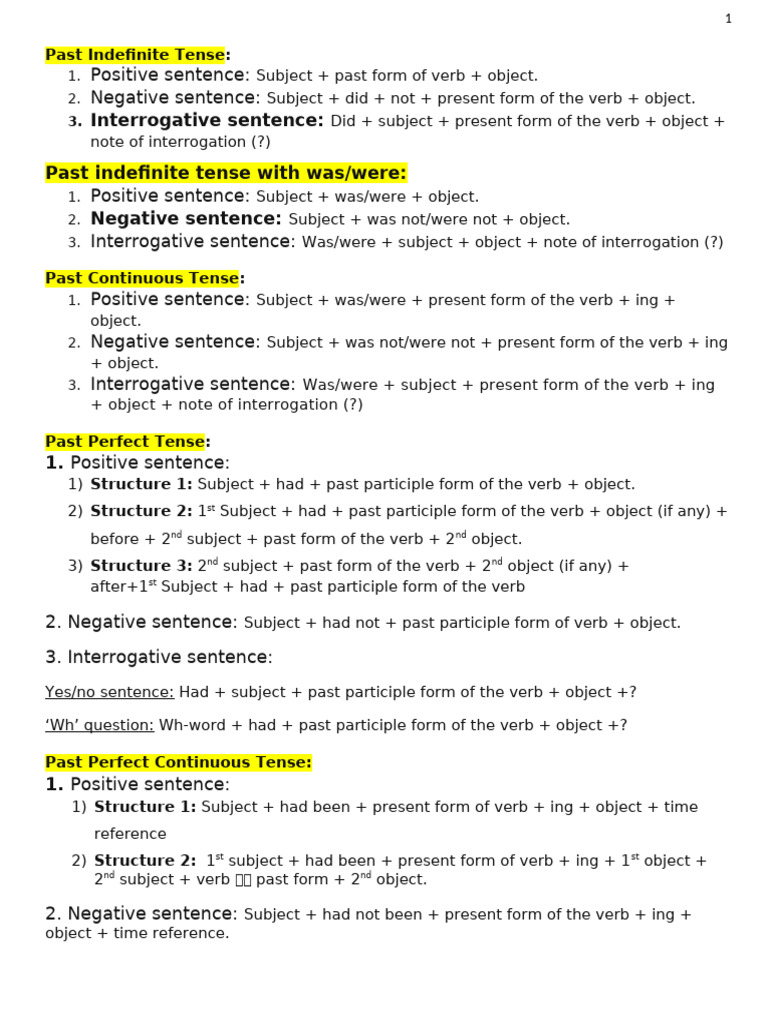 Past Indefinite Tense Structures | PDF | Verb | Grammatical Tense