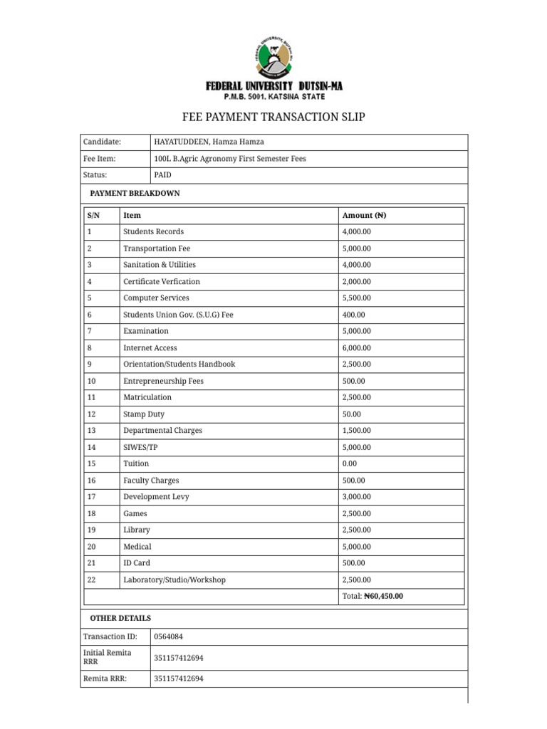 Fee Payment Slip for B.Agric Student | PDF | Fee | Money