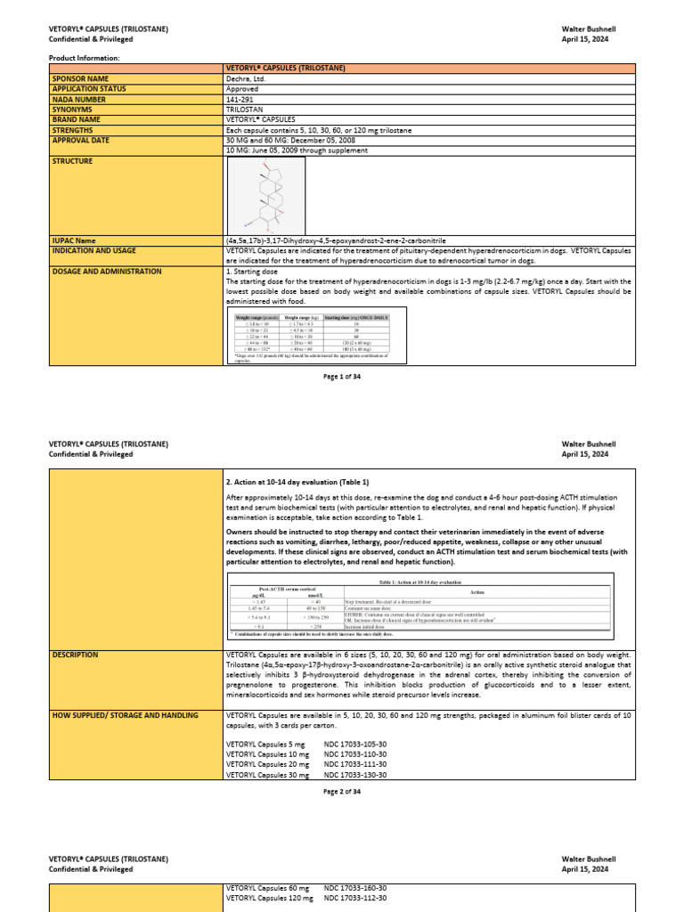 LSR - VETORYL® (TRILOSTANE) CAPSULES - For USA Market | PDF | Dose ...
