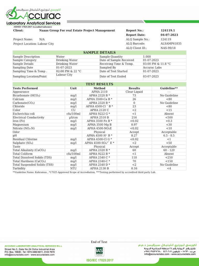 General Water Test Report - July - 2023 | PDF | Chemistry | Water
