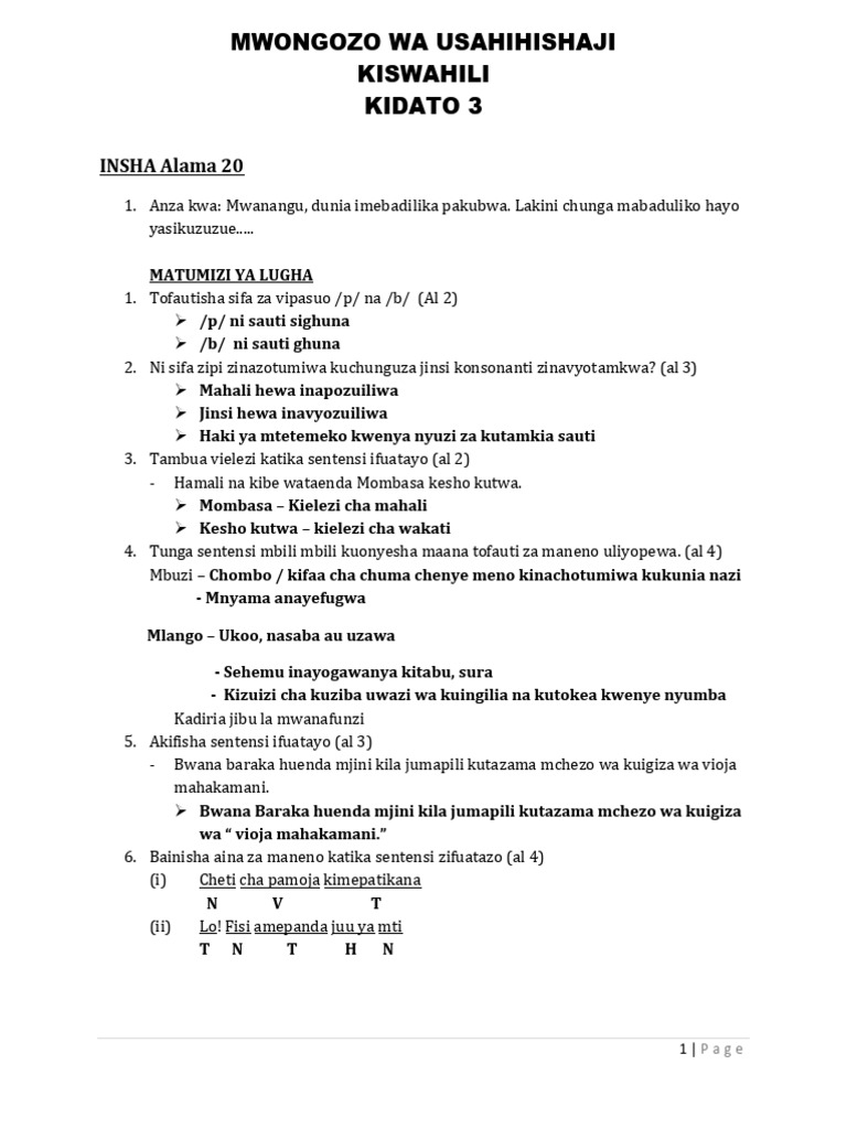Form Three Kiswahili Set 1 MS | PDF
