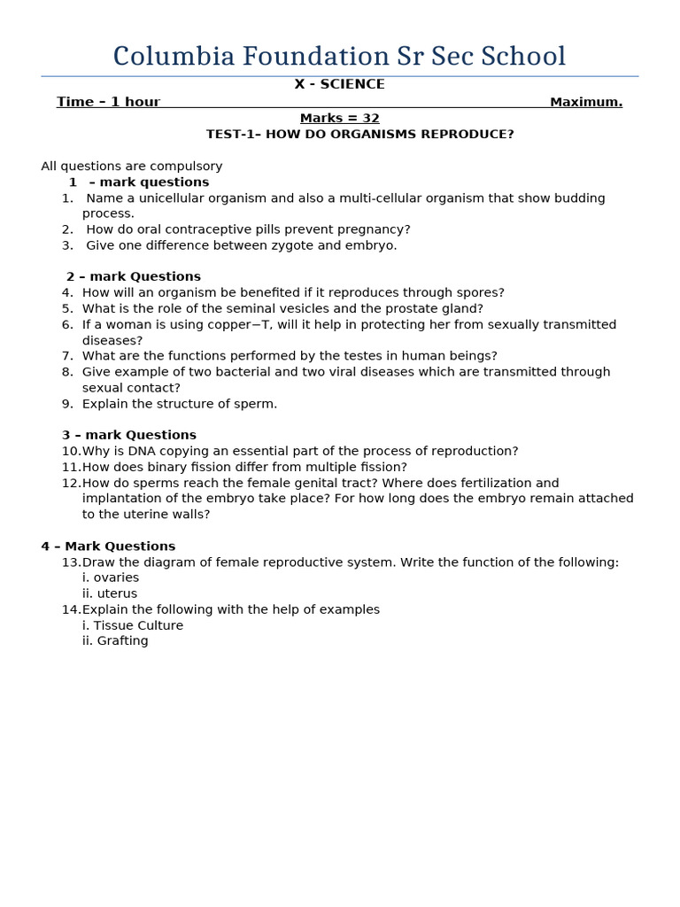Biology Test: Reproduction in Organisms | PDF