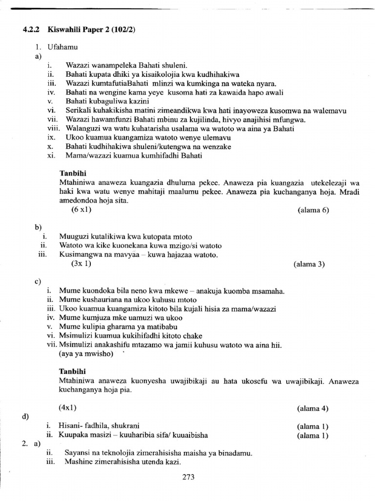 2017 Kcse Kiswahili Pp2 Marking Scheme | PDF