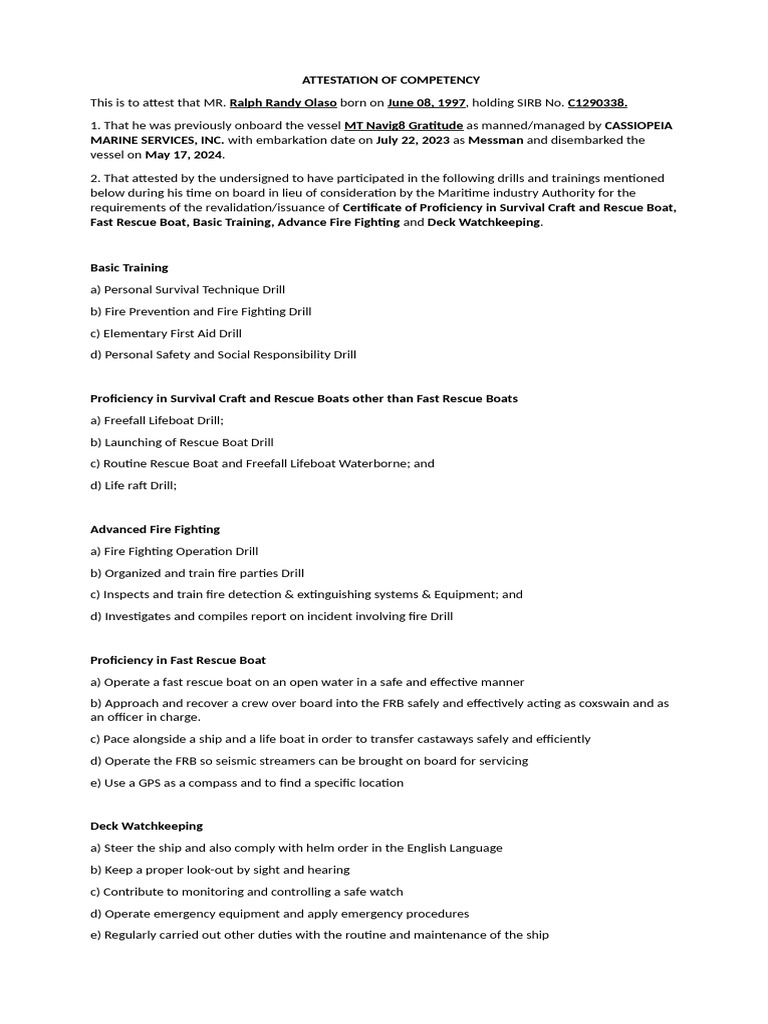 Attestation of Competency | PDF | Ships | Boats