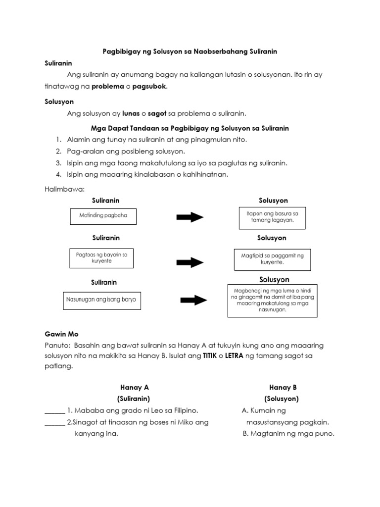 Grade 5 - Pagbibigay NG Solusyon Sa Naobserbahang Suliranin | PDF