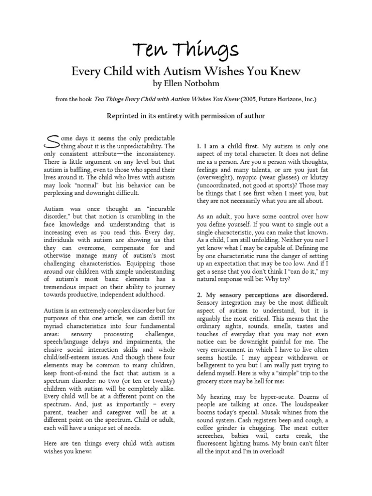 Ten Things Every Child With Autism | PDF | Perception | Autism Spectrum