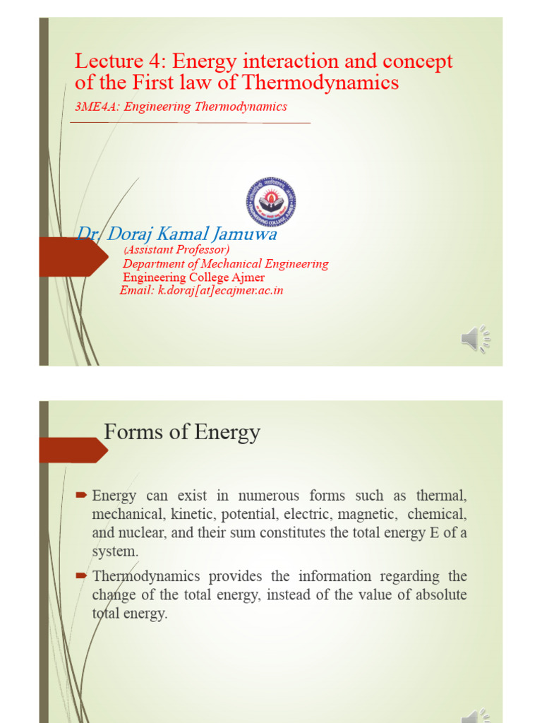 Lecture 4 Energy Interaction and Concept of The First Law of ...
