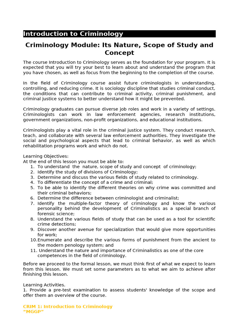 Introduction to Criminology Overview | PDF | Criminology | Crimes