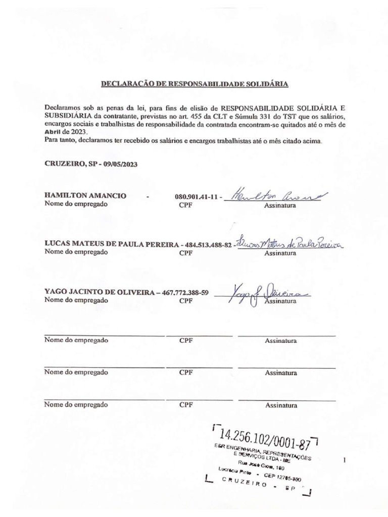 Declaração de Responsabilidade Solidária | PDF